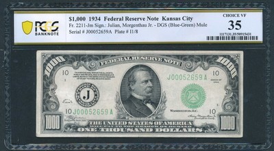 1934 $1000 One Thousand Dollar Bill Scarce Kansas City Bank PCGS ...