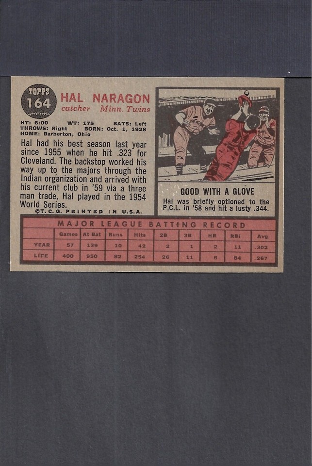 1962 TOPPS #164 HAL NARAGON-2--TWINS--NO CREASES--EX/MT/NR/MT++ | eBay