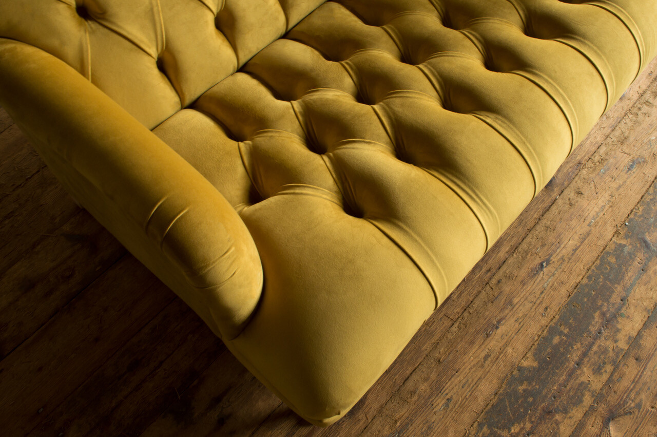 HANDMADE RETRO STYLE 2 SEATER MUSTARD YELLOW VELVET LOW CHESTERFIELD ...