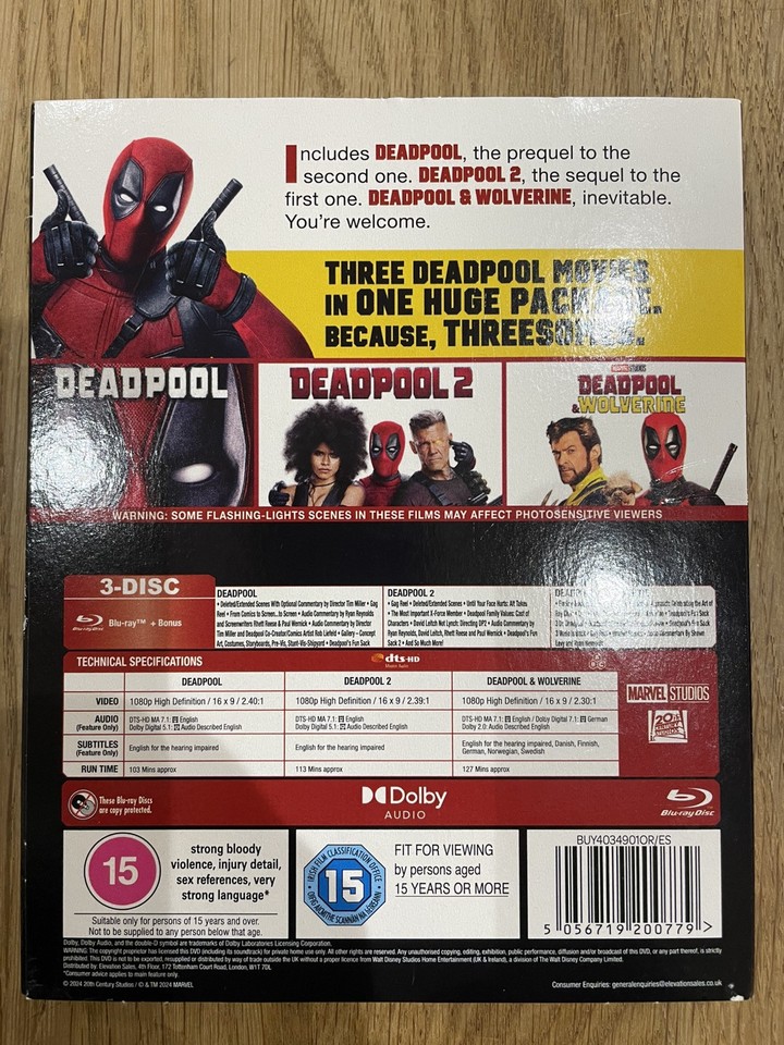 Marvels Deadpool/Deadpool 2/Deadpool & Wolverine - 3x blu ray slipcased | eBay UK