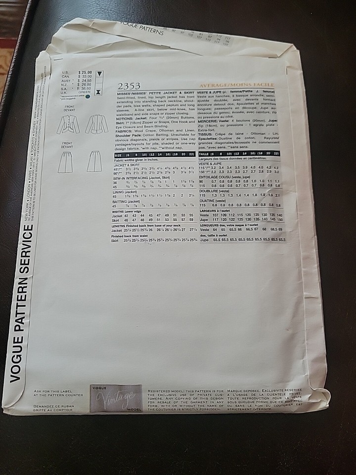 Vogue Vintage Model 2353 sewing pattern 1946 Design Jacket and Skirt Sz ...