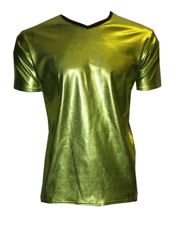 MENS METALLIC SHINY PVC SILVER BLACK BLUE GREASE WETLOOK T-SHIRTS TOPS ...