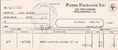 Pathe Exchange Inc. 1926 Vic Theatre Planting Season Film Booking ...