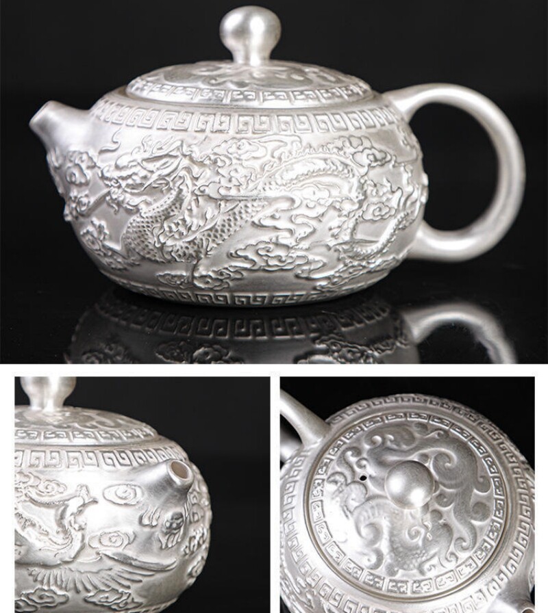 999 Pure Silver Tea Set Handmade Tea Pot Sterling Silver Tea Cup Dragon ...