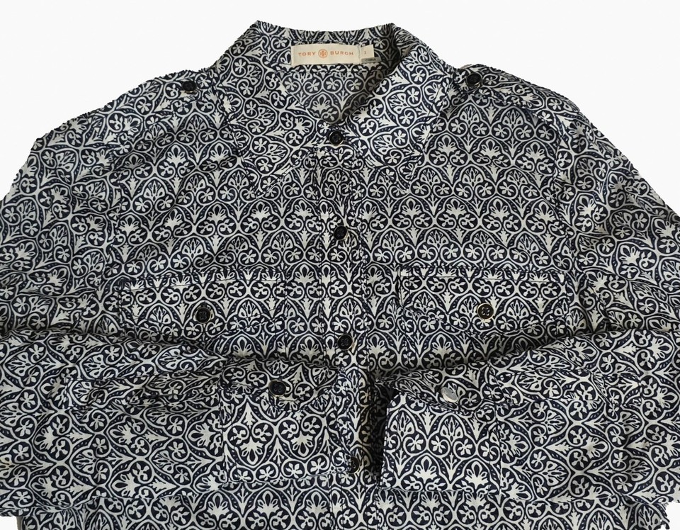 Tory Burch Blouse Navy White Print Cotton Jersey Roll Tab Sleeves ...