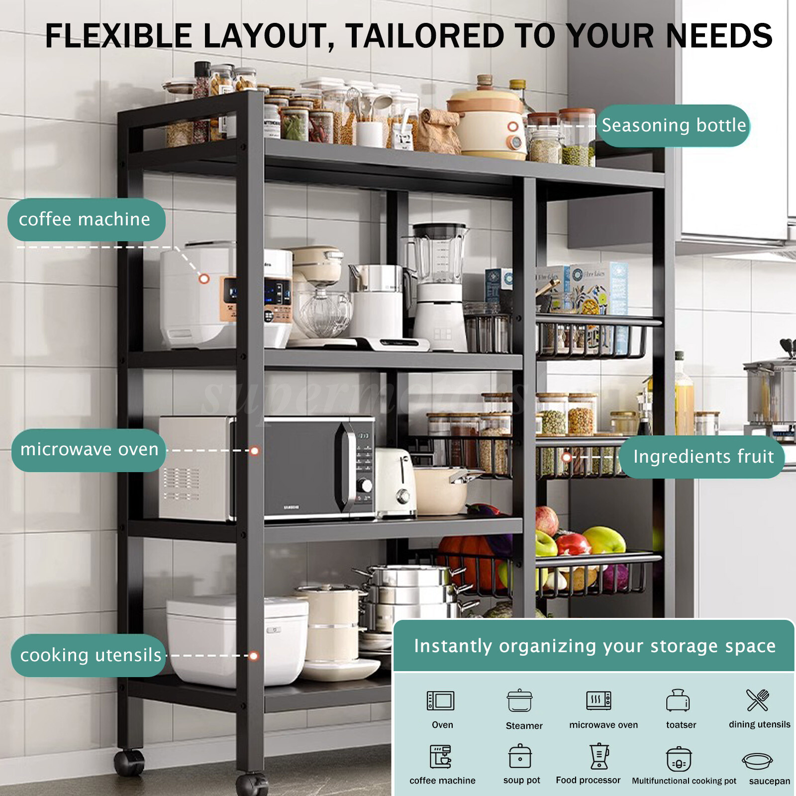 Freestanding Kitchen Storage Rack 4 Tiers Shelf w/ Baskets Organizer ...