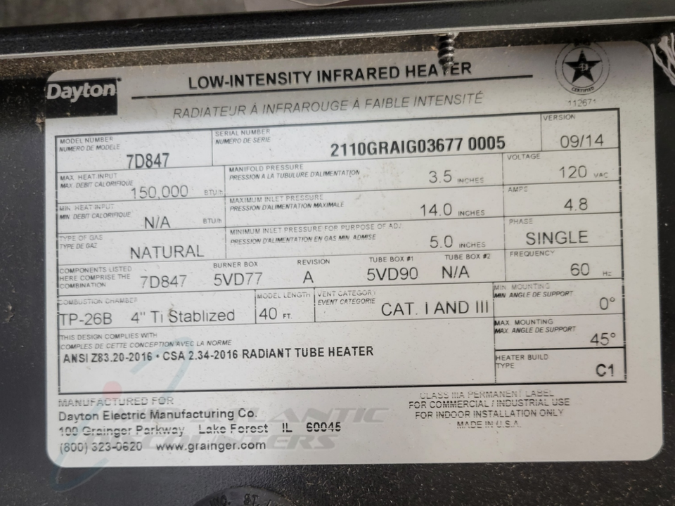 Dayton 5VD77 Ng Infrared Heater Box with Install Kit 150000 Btuh | eBay