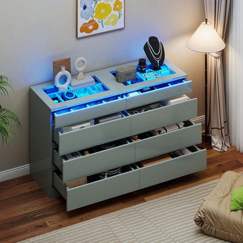 Gray High Gloss Surface 8 Drawer Modern Chest Dresser LED Deep Drawers ...