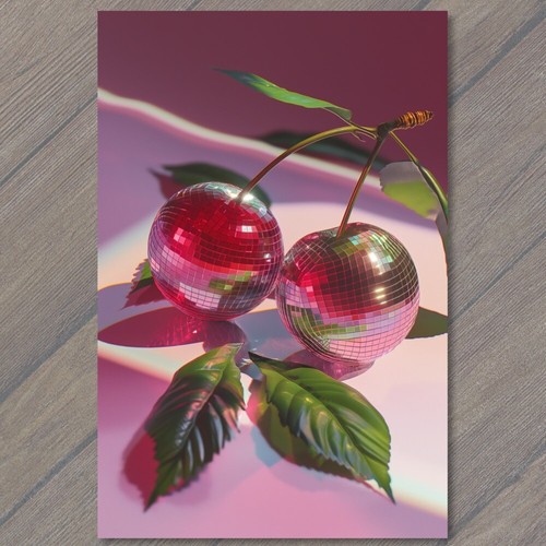 5x7" Disco Ball Cherries Mirror Ball Disco Pink Red Cherry Strange ...