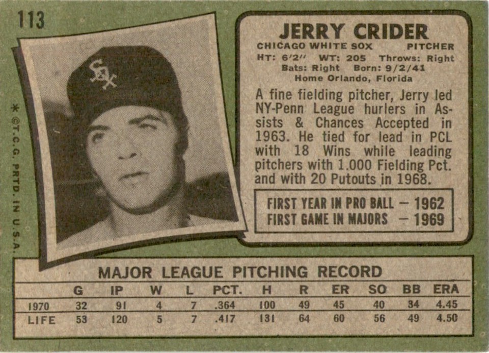 1971 TOPPS JERRY CRIDER B CHICAGO WHITE SOX #113 EXMT-NM | eBay