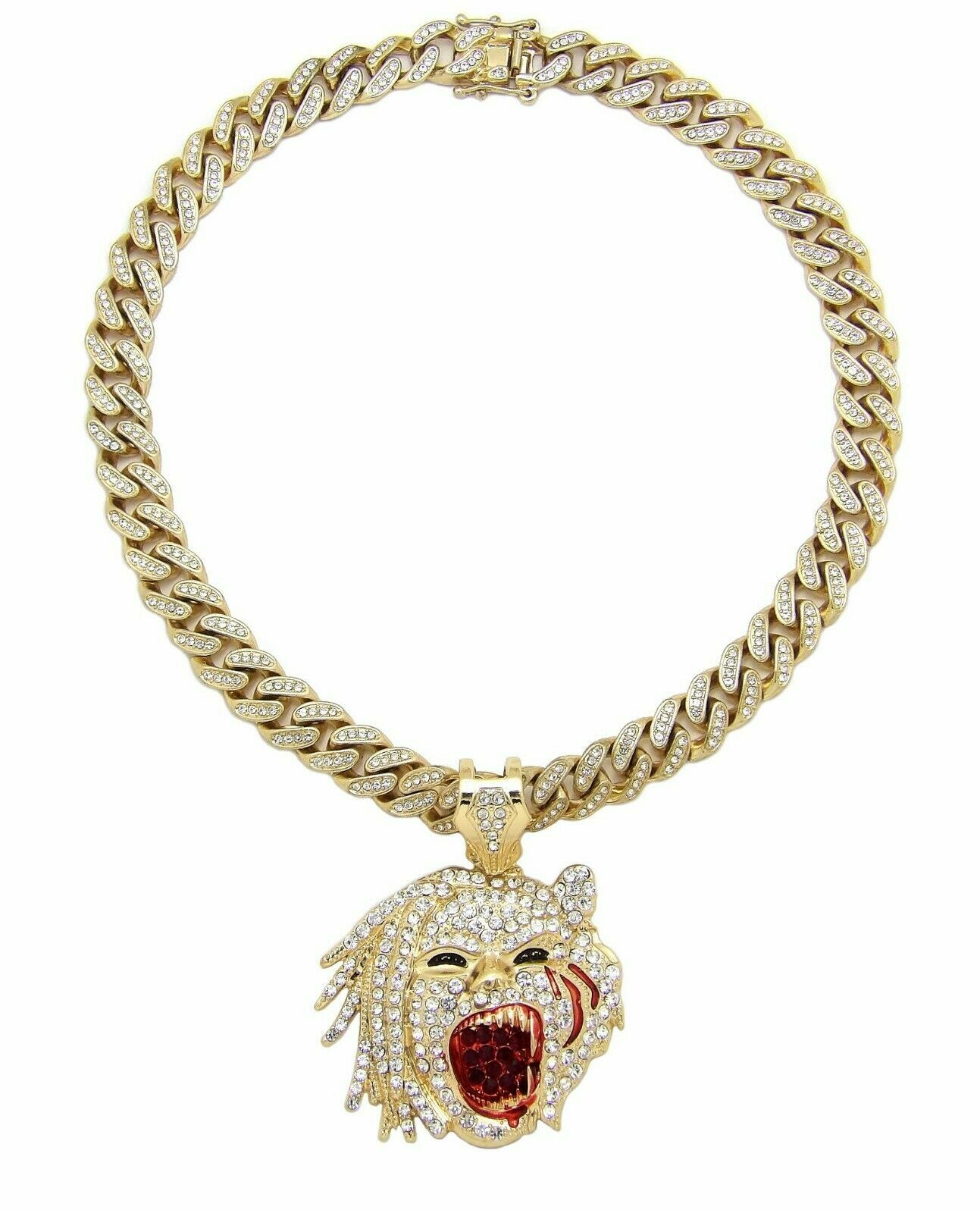 TEE GRIZZLEY Half Man Half Beast Pendant & 18" 20" Iced Cuban Chain ...
