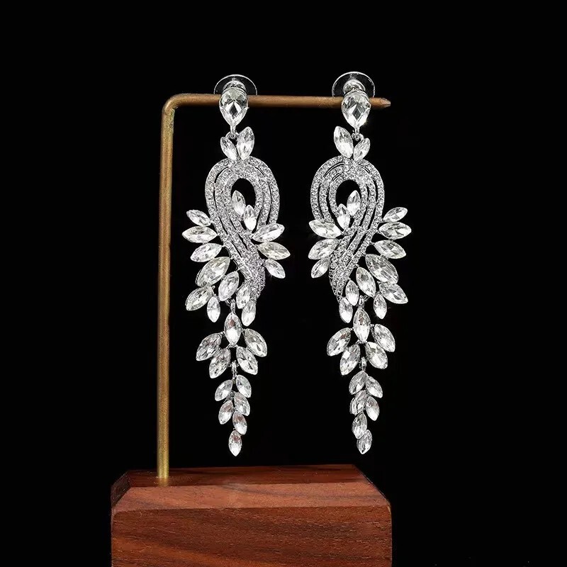3.5" Big Silver Clear Long Rhinestone Crystal Pageant Dangle Earrings ...
