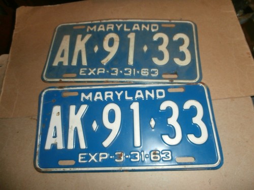 Pair Vintage 1963 License Plates Plate MD Maryland AK-91-33 | eBay