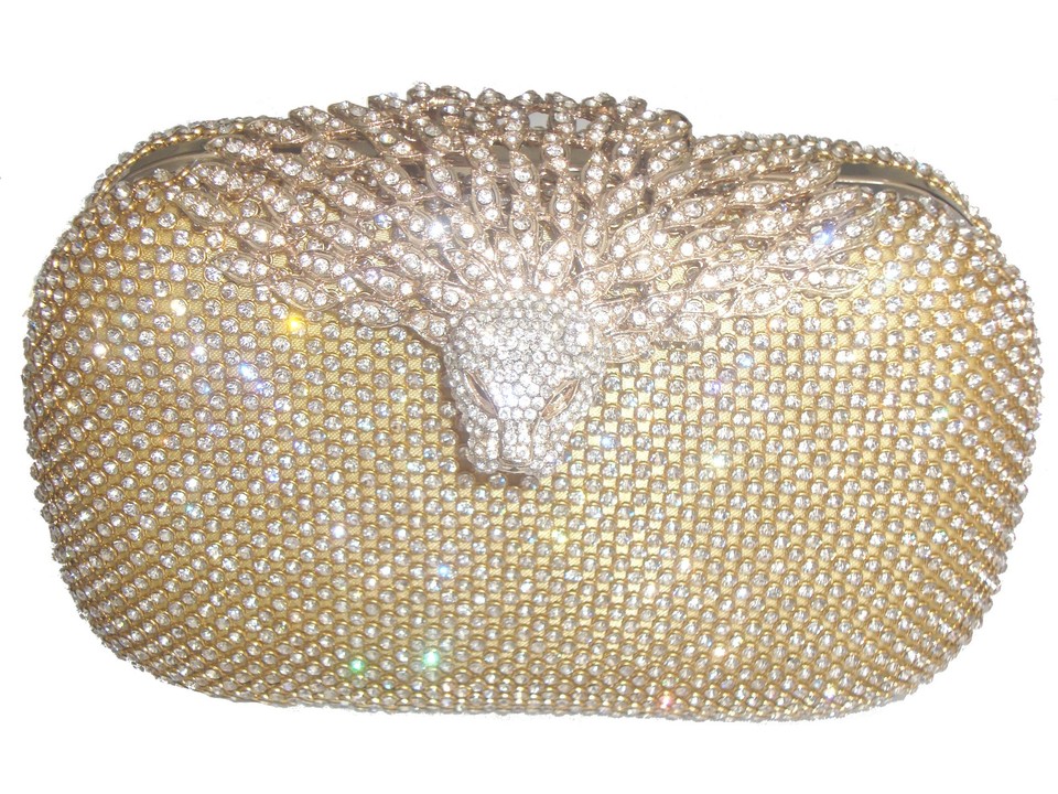 Gold Bling Diamond Crystal Diamante Evening bag Clutch Purse Bride ...