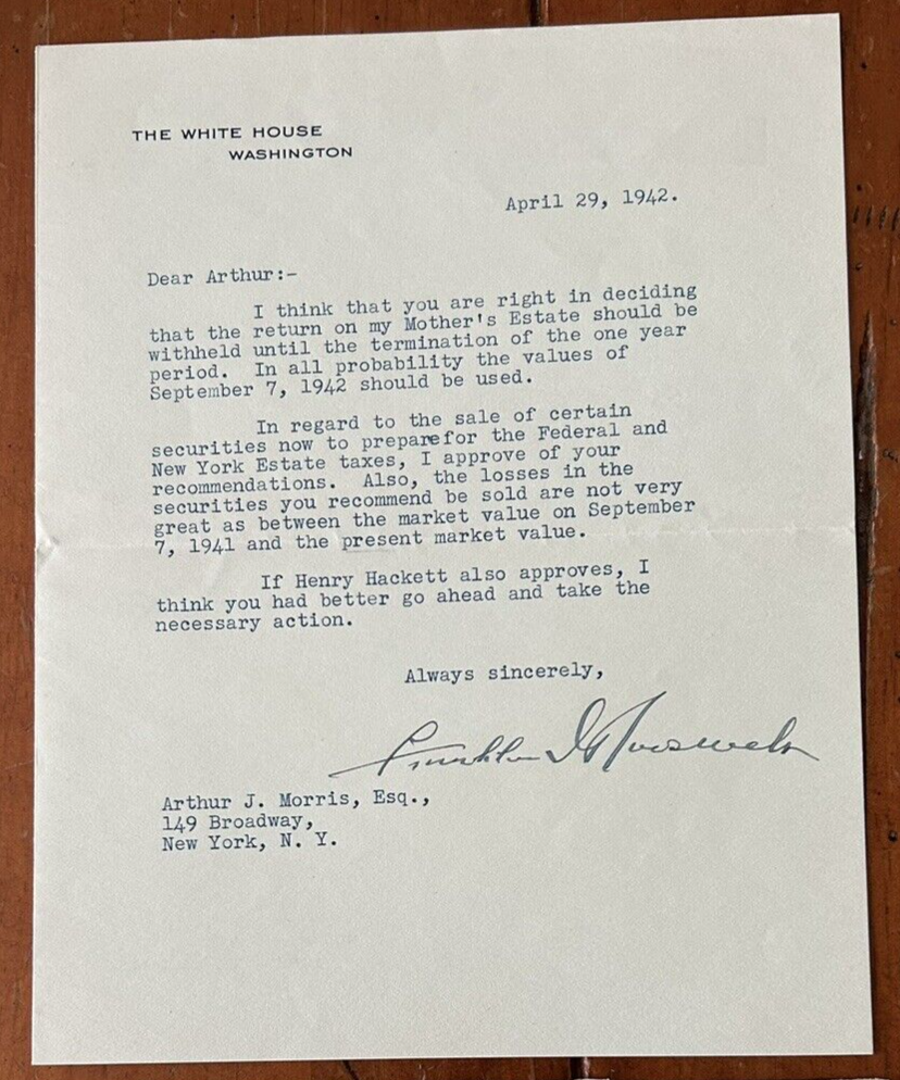 PRESIDENT FRANKLIN D ROOSEVELT SIGNED 1942 LETTER ON WHITE HOUSE ...