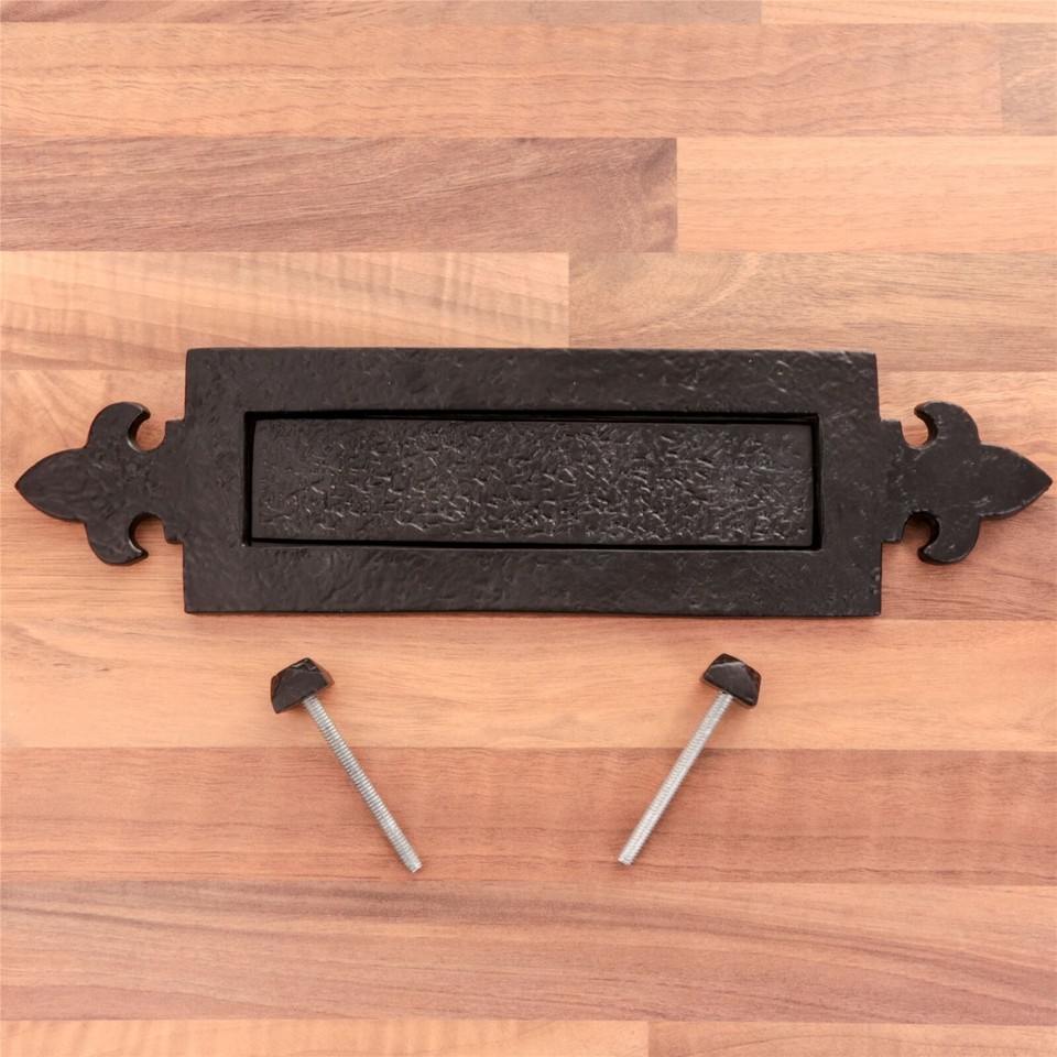 BLACK ANTIQUE FLEUR-DE-LYS LETTERBOX PLATE Large Ornate Door Spring ...