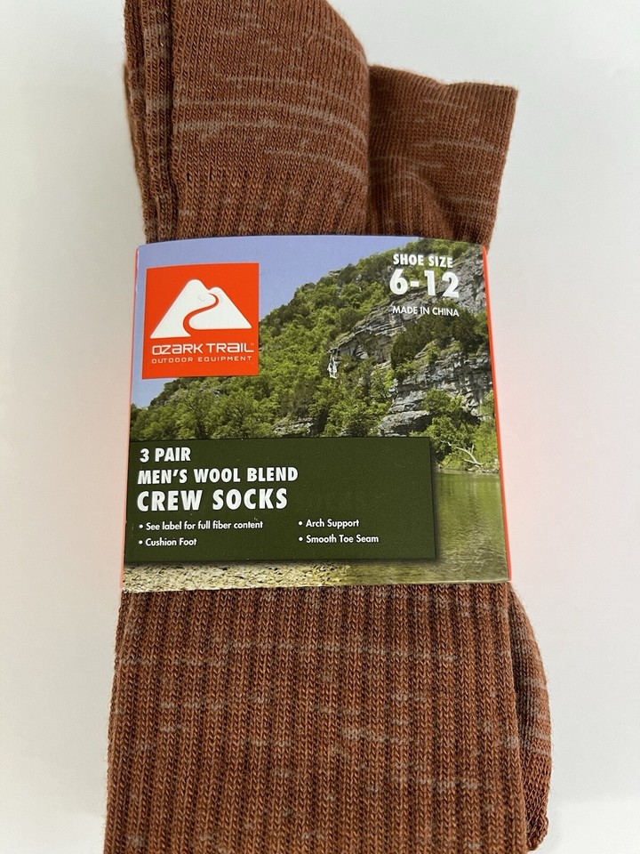 Ozark Trail Men's Crew Socks Merino Wool Blend 3 Pack Cushion Foot 6-12 ...