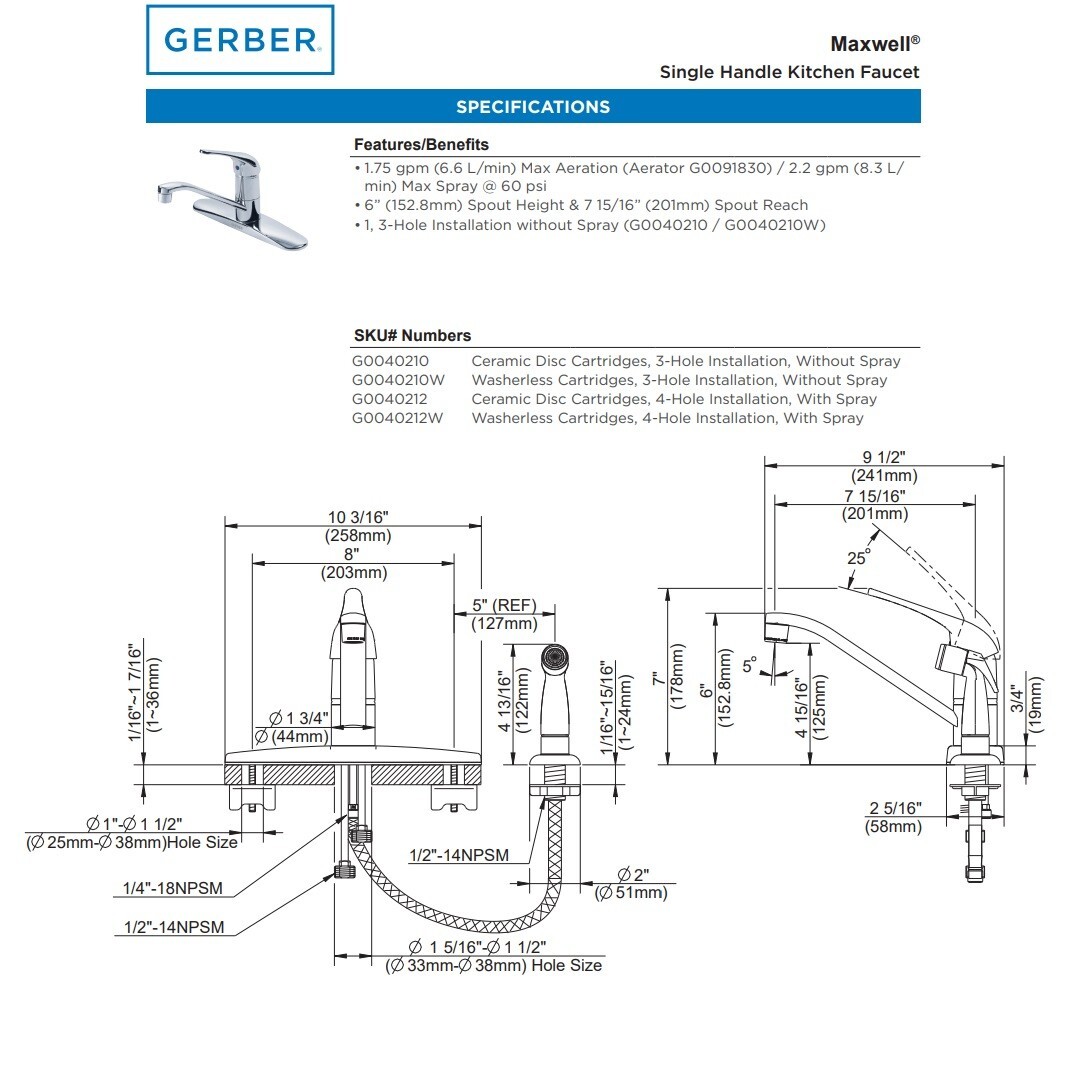 Gerber Maxwell SE Single Handle Kitchen Faucet G0040210W Chrome Finish ...