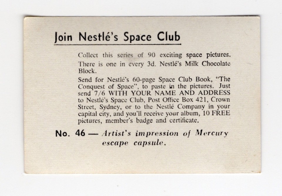 Nestles Australia Space Card #46 NASA Mercury Escape Capsule, an artist ...