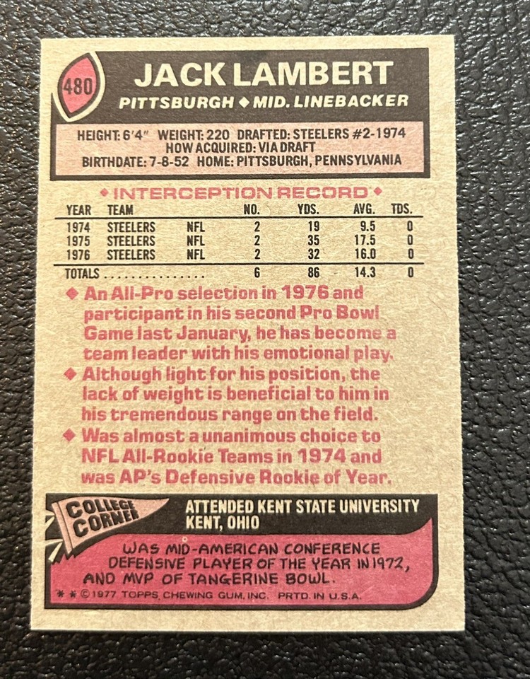 Jack Lambert 1977 Topps Card # 480 Steelers HOF NM | eBay