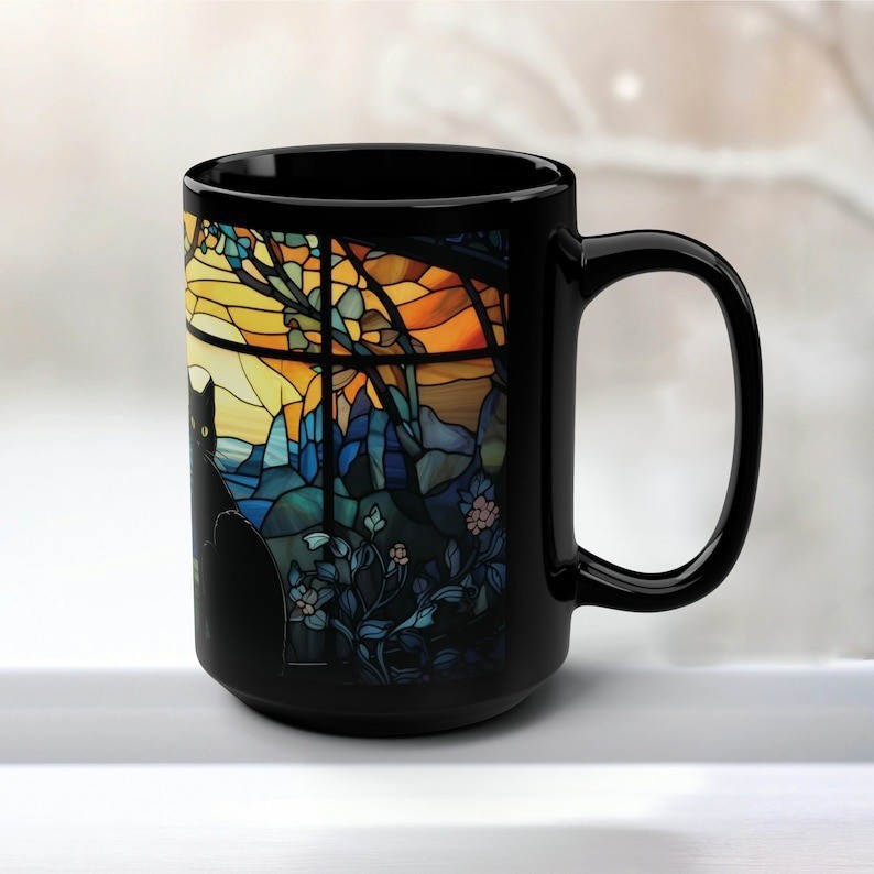 Black Cat Coffee Mug – Stained Glass Sunset Art, Unique Gift for Cat ...