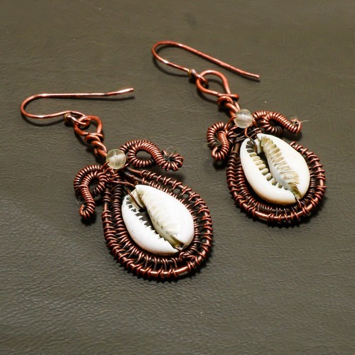 Cowrie Shell Gemstone Copper Earrings Handcrafted Wire Wrap Gift ...