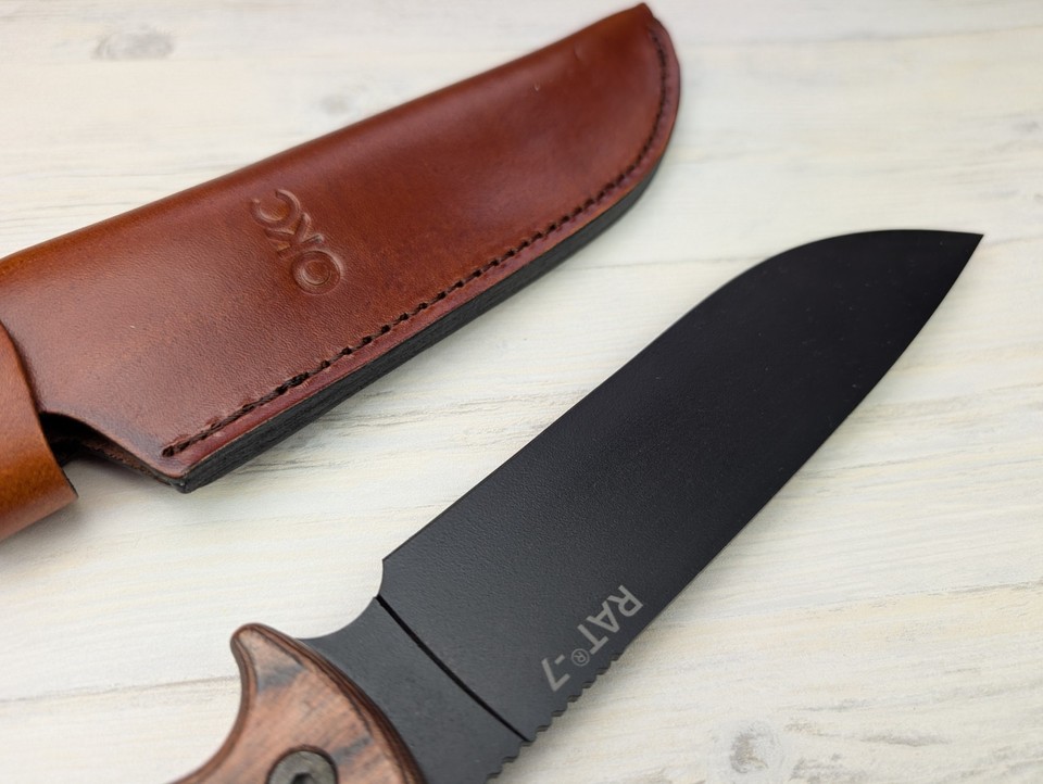 Ontario RAT-7 Adventurer Fixed Black Blade Knife Wood Handle Leather ...