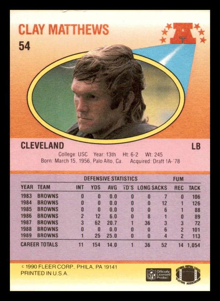 Clay Matthews 1990 Fleer #54a Cleveland Browns NM-MINT | eBay