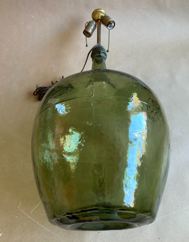 21” Vintage Green Glass Wine Carboy Demijohn Hand Blown Jug Bottle Lamp ...