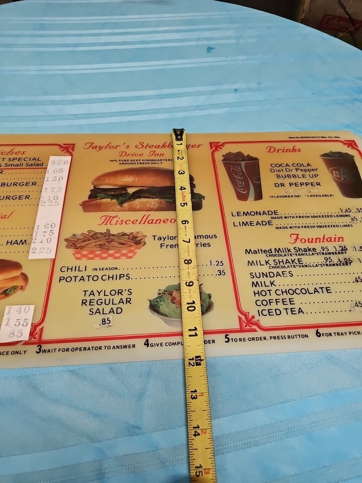 Vintage Taylor's Steakbuger Drive Inn Nostalgic Retro Diner Menu Board ...