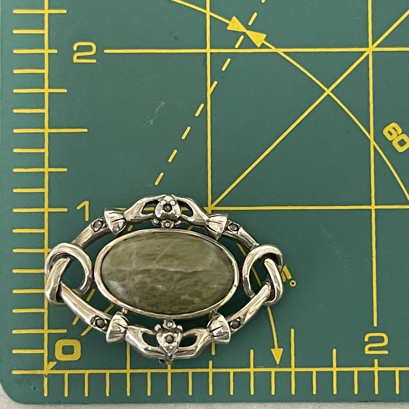 Signed Solvar 925 Claddagh Celtic Brooch Connemara Marble Oval Cabochon ...