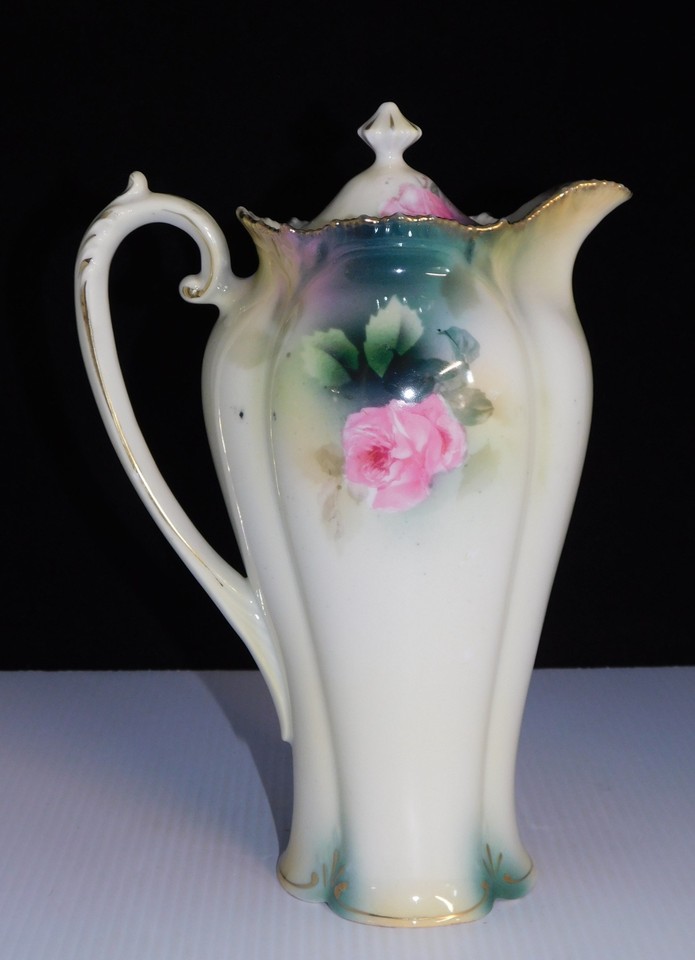 OLD RS PRUSSIA CHOCOLATE POT PINK FLUFFLY ROSES FLOWERS READ | eBay