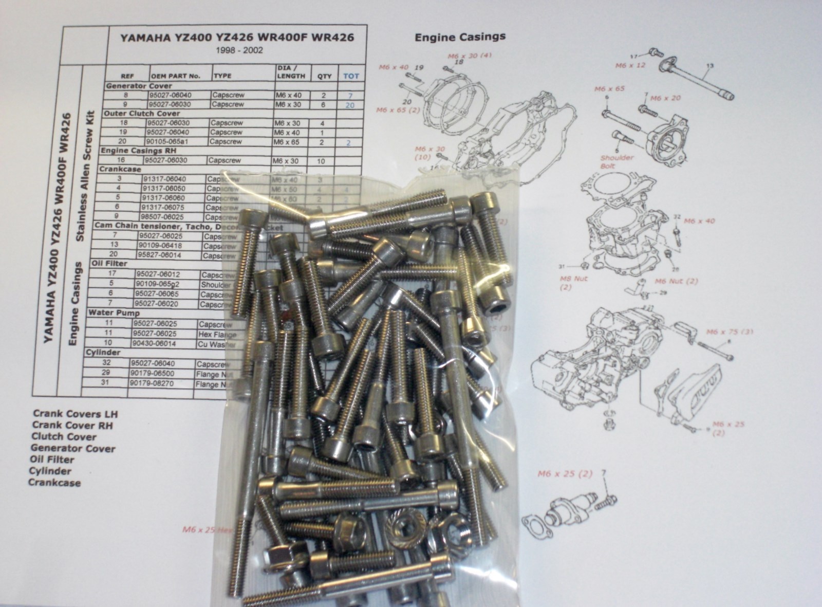 Yamaha YZ400 YZ426 WR400 WR426 1998-02 Engine Stainless Allen Bolt ...
