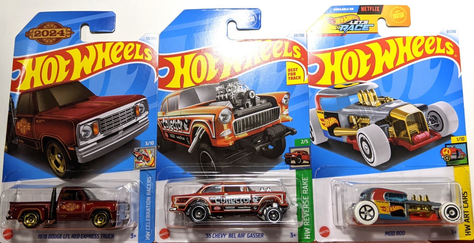2024 (3) Hot Wheels 1978 DODGE LIL RED EXPRESS PICKUP, 55 CHEVY BEL AIR ...