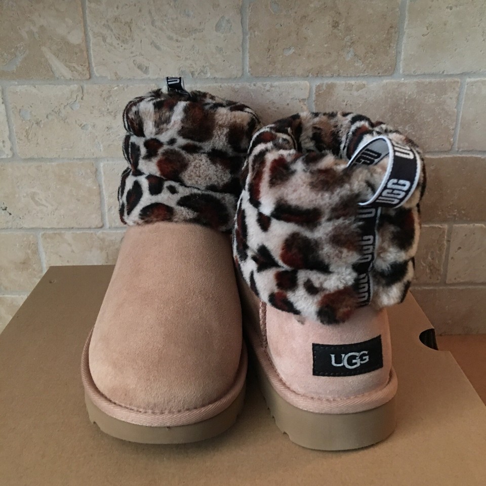 UGG Fluff Mini Quilted Leopard Cuff Suede Sheepskin Ankle Boots Size US ...