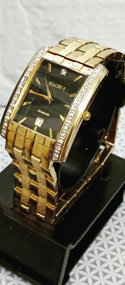 ELGIN DIAMOND Men's Watch Gold Tone Quartz FG509ST Extra Links ...