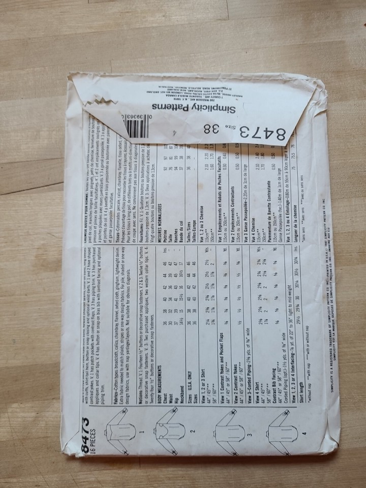 Simplicity 8473 Fitted Country Western Shirt w Button or Snap Close Sz ...