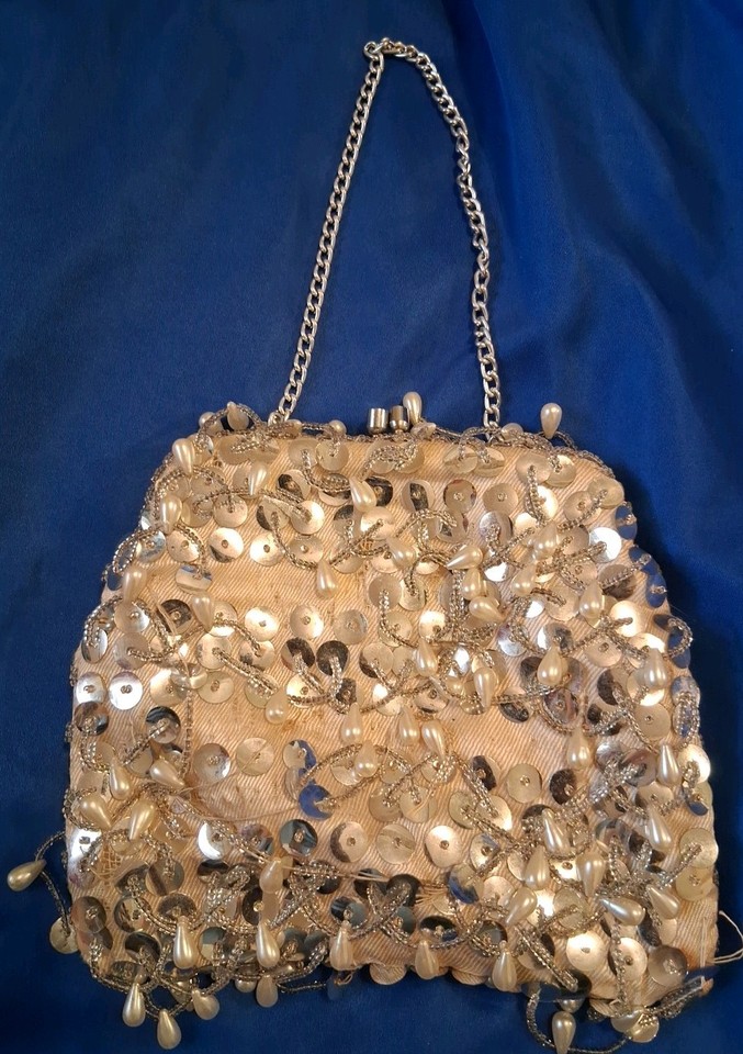 Vintage Beaded Sequin Evening Bag Gold Purse Clutch w/ Chain Strap ...