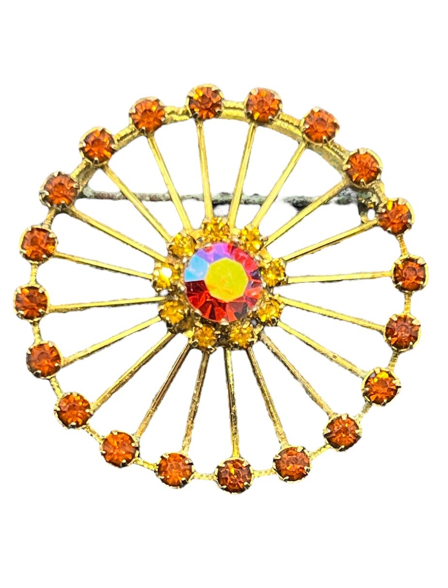 Pinwheel vintage gold tone orange AB aurora borealis circle brooch pin ...