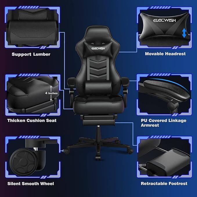 ELECWISH Gaming Chair Ergonomic Computer Office Chair Recliner Swivel ...