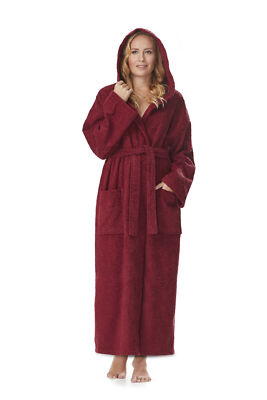 Womens Hooded Full Length Long 100% Turkish Cotton Terry Bathrobe Robe ...
