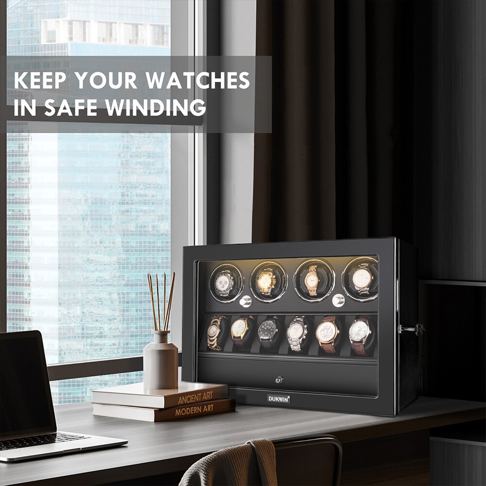 Compact Automatic 4 Watch Winder Box LED Light with 6 Watches Display ...