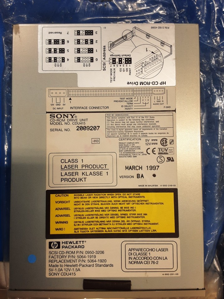 SONY CDU415 12X SCSI CD-ROM Optical DRIVE HP 0950-3206 5064-1919 5064 ...
