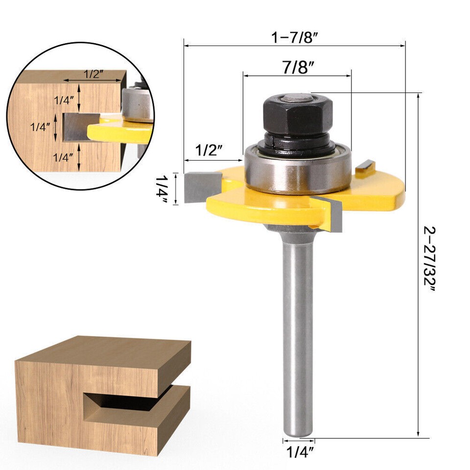 2 PCS Tongue and Groove Router Bit Set 1/4 Shank 3 Teeth Adjustable T ...