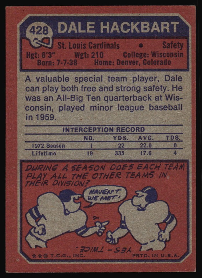 1973 Topps Dale Hackbart #428 St. Louis Cardinals | eBay