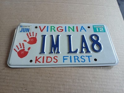 Vanity License Plate "IM LA8" (I'M LATE) Virginia VA Kids First w/ Hand ...