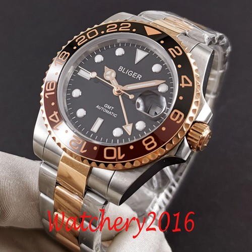 40mm BLIGER GMT Automatic Men's Watch Black Dial Rose Gold Sapphire ...