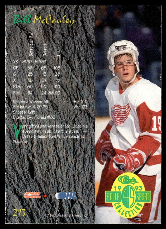 1993 Classic Four Sport #213 Bill McCauley Rookie Detroit Red Wings | eBay