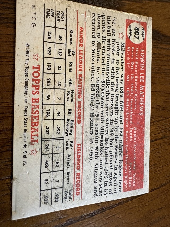 1997 Topps Stars Rookie Reprint #9 Eddie Mathews Auto Milwaukee Brewers ...