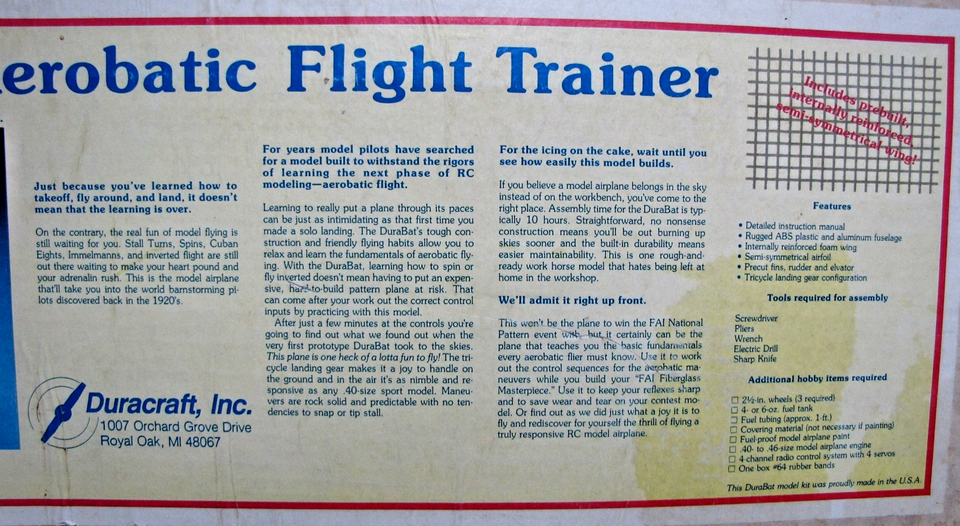 DURACRAFT DURABAT AEROBATIC FLIGHT TRAINER RC AIRPLANE NITRO ENGINES ...